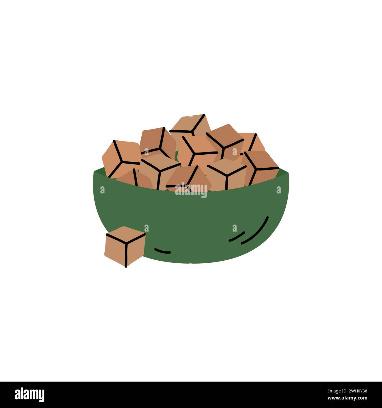 Cane sugar cubes in bowl doodle vector illustration. Simple hand drawn ...