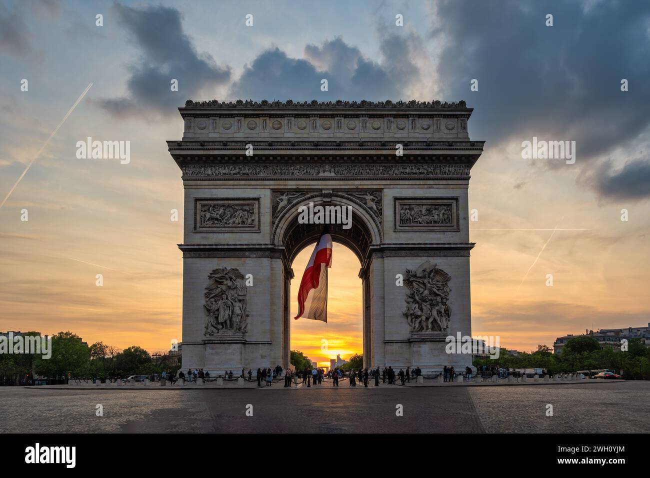 Paris France, city skyline sunset at Arc de Triomphe and Champs Elysees ...