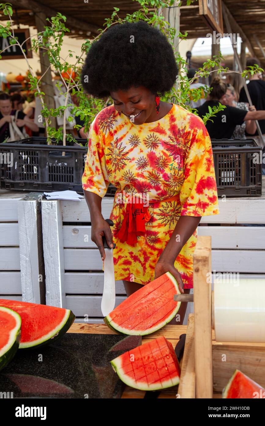 Woman Serving Watermelon at Oranjezicht Farmers Market at Waterfront ...