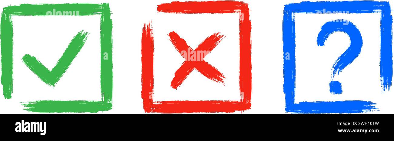 Dirty grunge cross x, tick OK and question check marks in check boxes ...