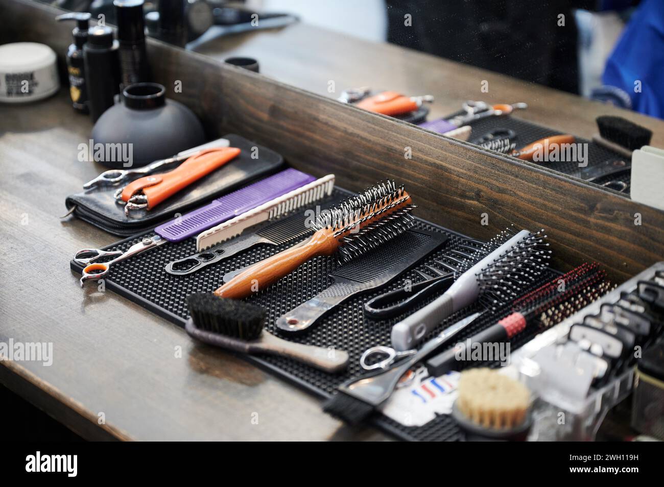 Close up view of hairdresser's tools. Cropped photo of barber's ...