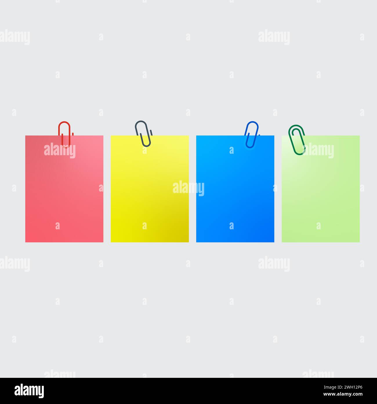 Colored paper clips holding paper notes, office stationery elements ...