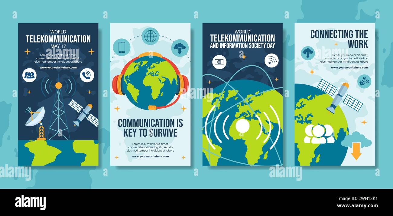 Telecommunication Day Social Media Stories Cartoon Hand Drawn Templates ...