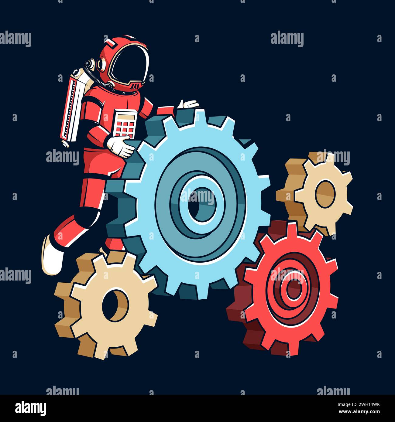 Astronaut adjusts a large mechanism of gears Stock Vector Image & Art ...