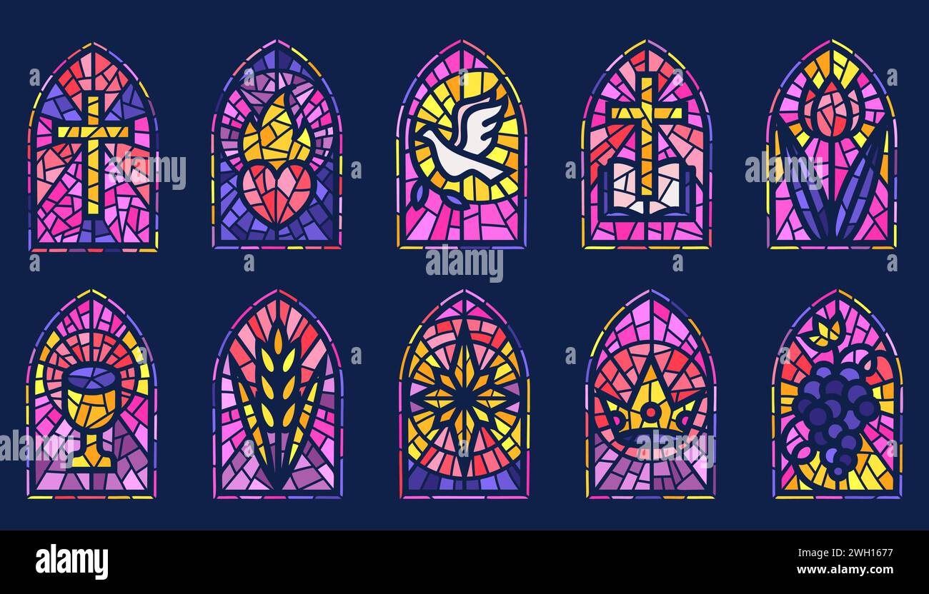 Church glass windows. Stained mosaic catholic frames with cross, book ...