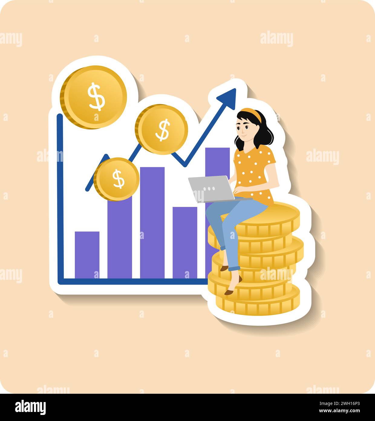 Salary sticker illustration. Woman earning money from online. Female ...