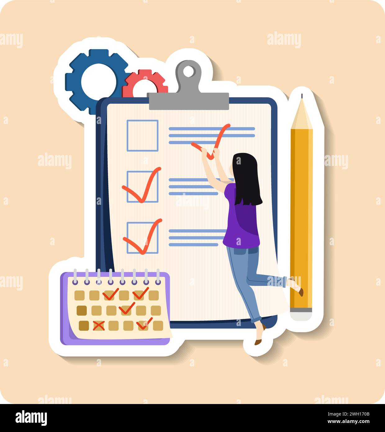 Planning sticker illustration. Happy woman standing near check list and ...