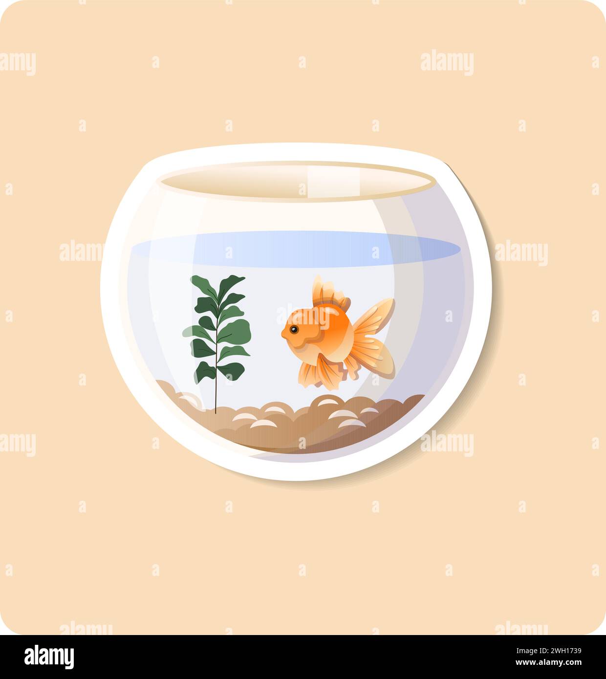 Fish sticker illustration. Aquarium, seaweed, water, glass. Editable ...