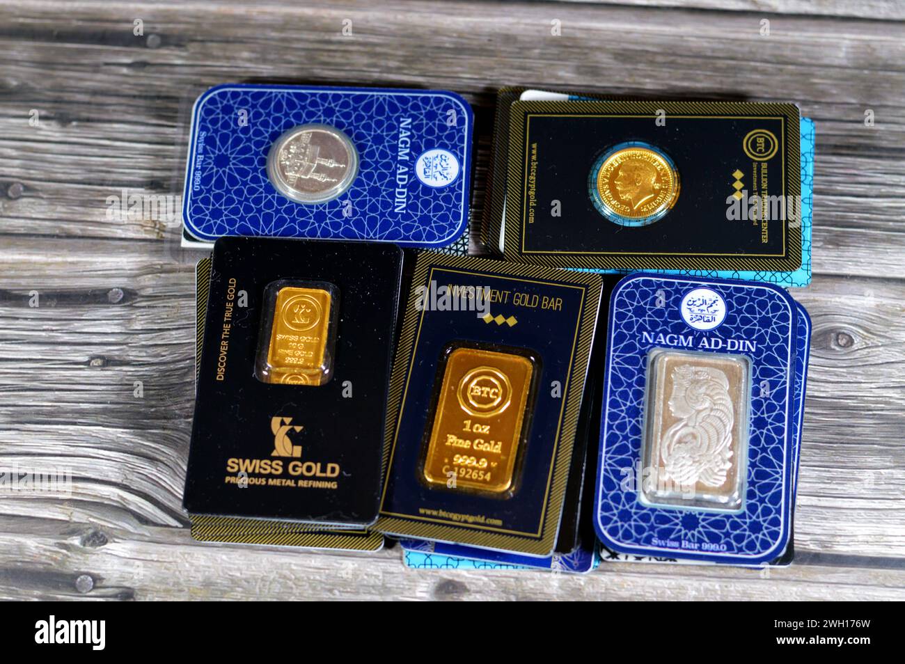 Cairo, Egypt, January 29 2024: BTC, Sam, Swiss gold pure gold, Nagm Ad ...