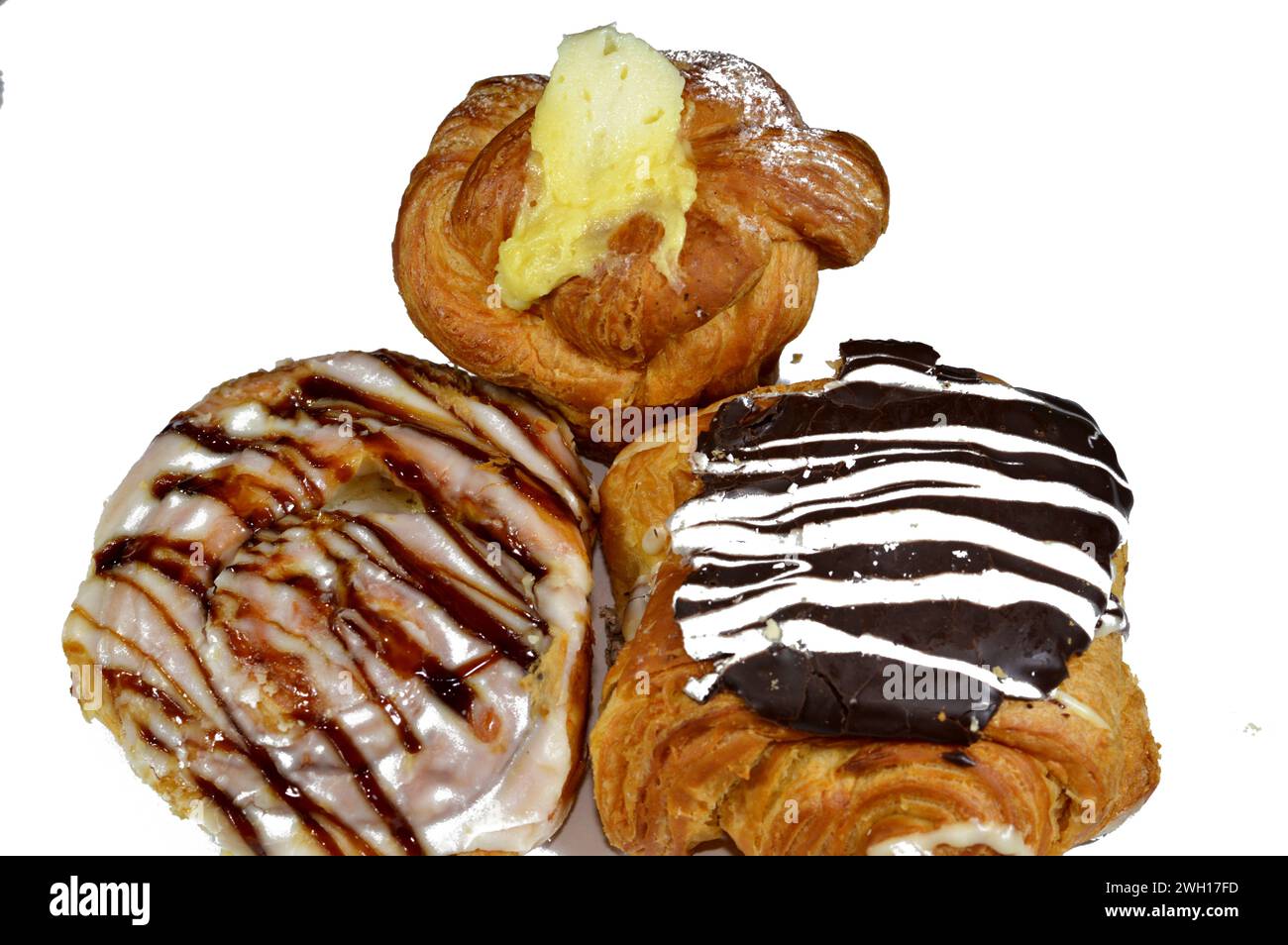 Assorted Danish pastry with brown dark chocolate, white chocolate ...