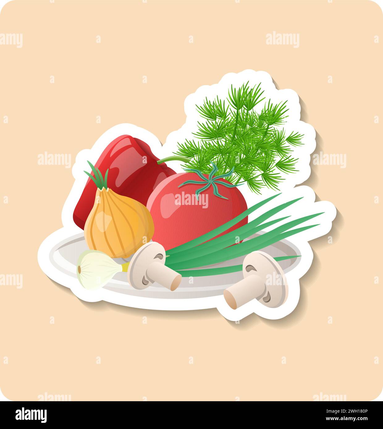 Vegetables sticker illustration. Onion, green, tomato, pepper ...