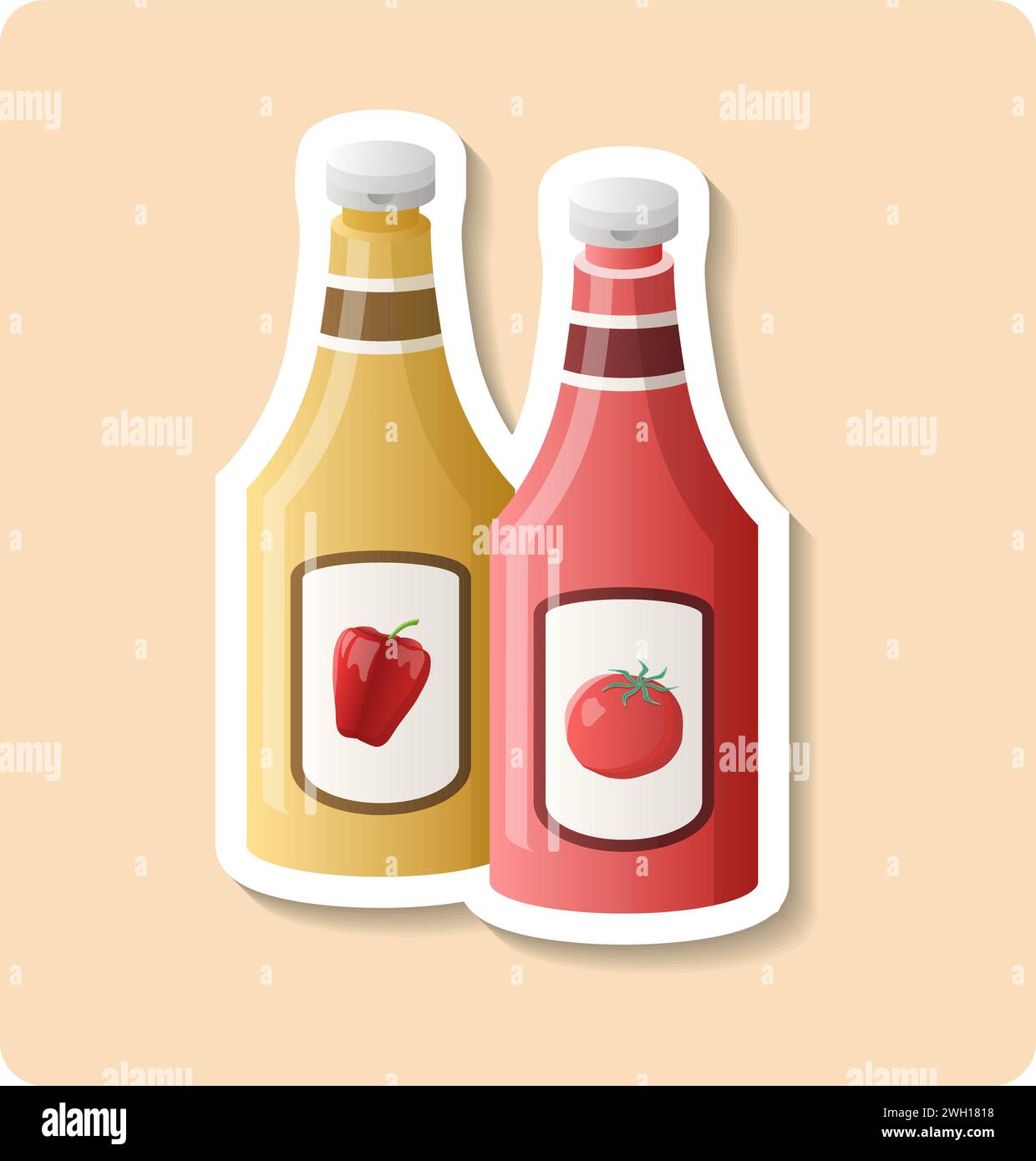 Sauce sticker illustration. Bottle, ketchup, mustard, lid. Editable ...