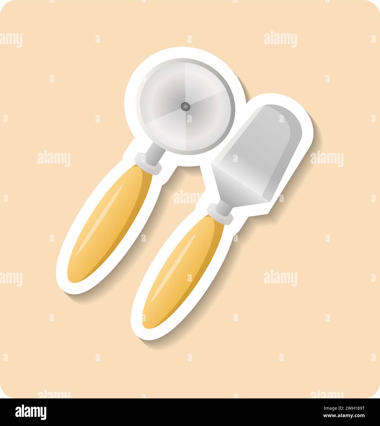 Tableware sticker illustration. Kitchen spatula, pizza knife, handle ...