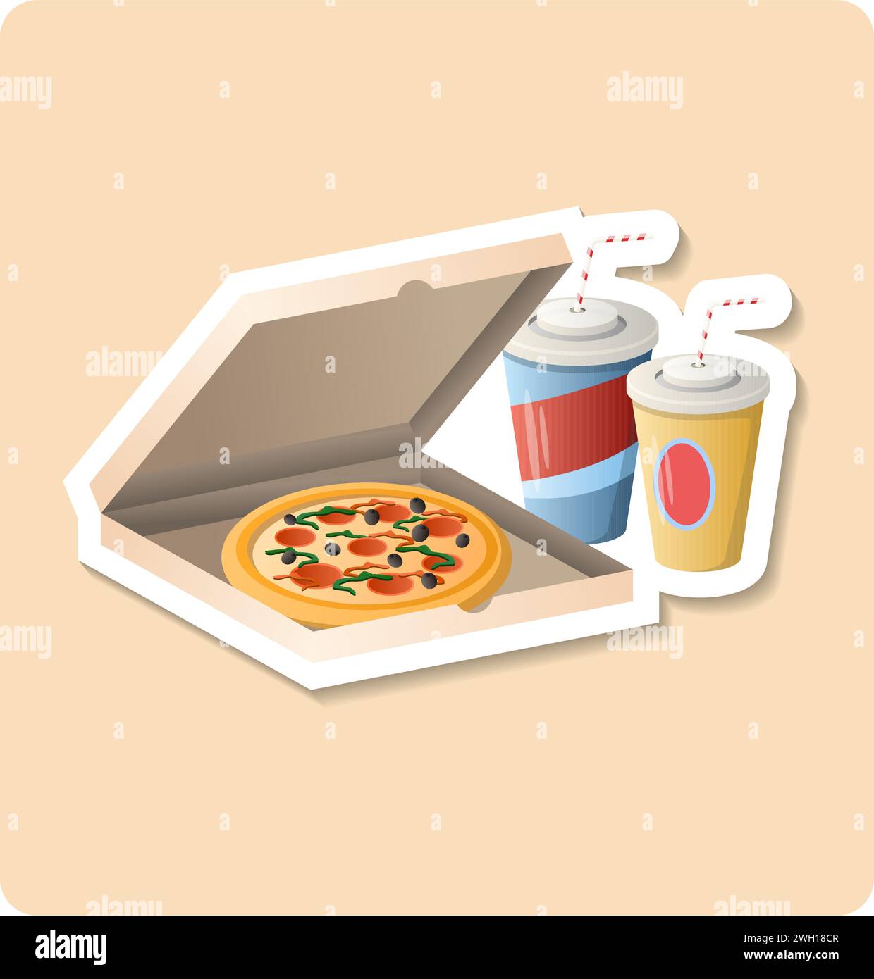 Pizza sticker illustration. Box, straw, cup, cardboard. Editable vector ...