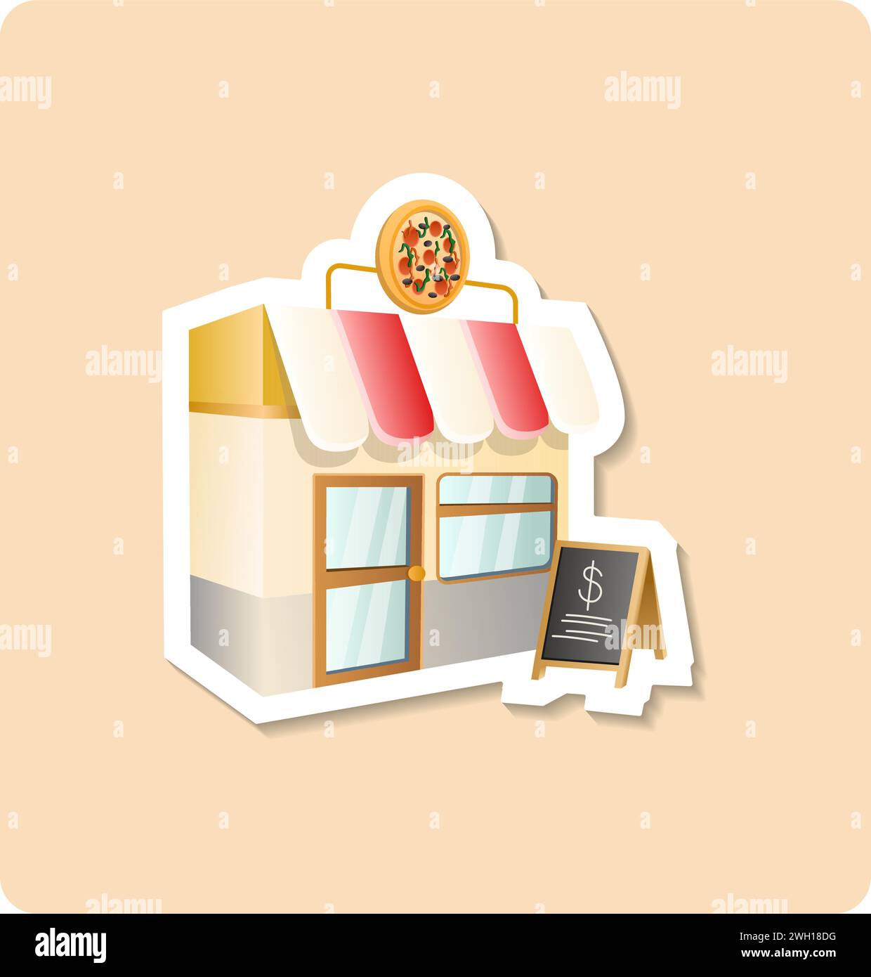 Pizzeria sticker illustration. Building, pizza, singboard, door ...