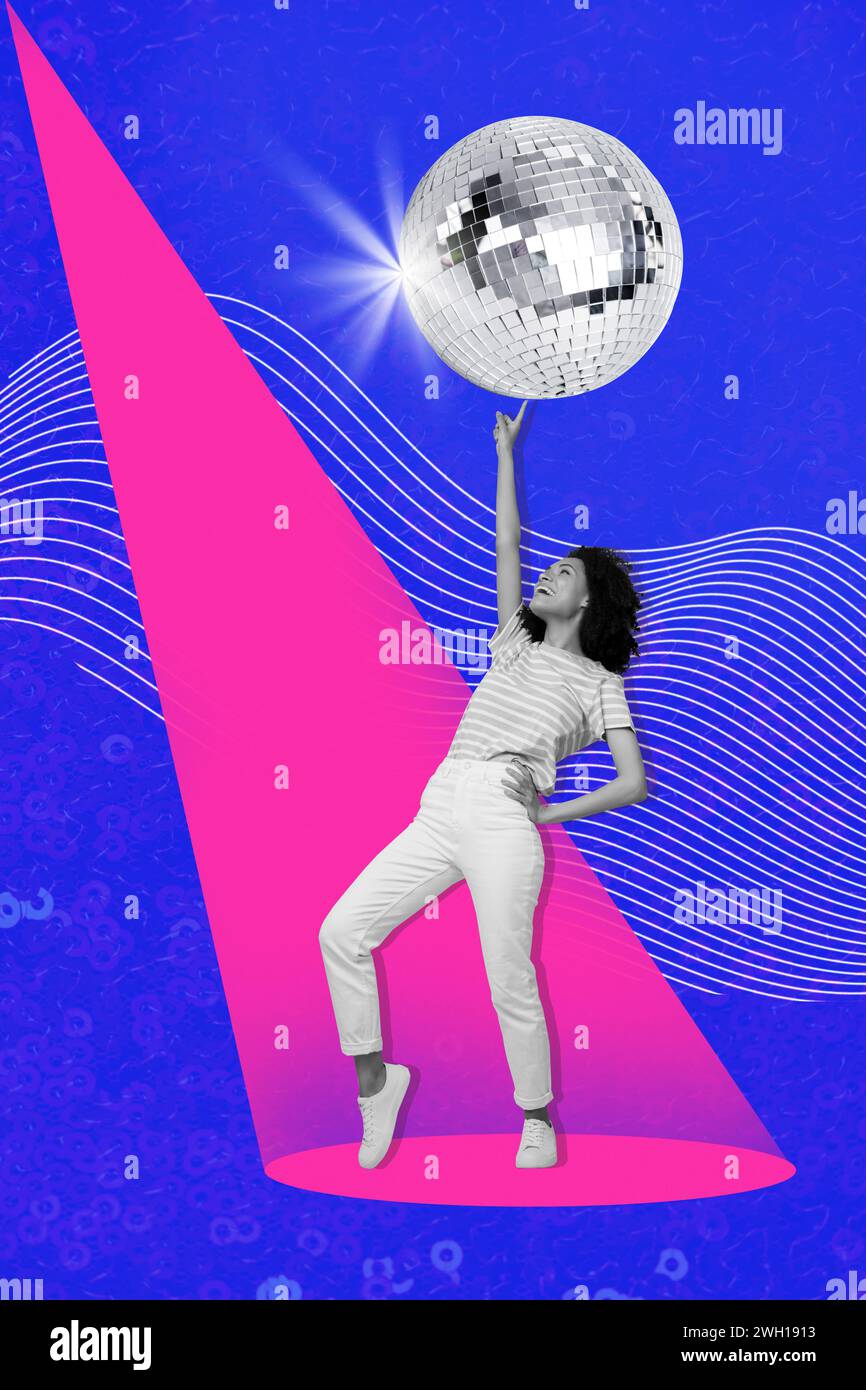 Vertical creative collage image of funny young female excited dancing ...