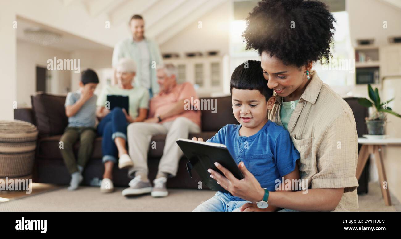 Family, mother and son with a tablet, home or happiness with movies ...