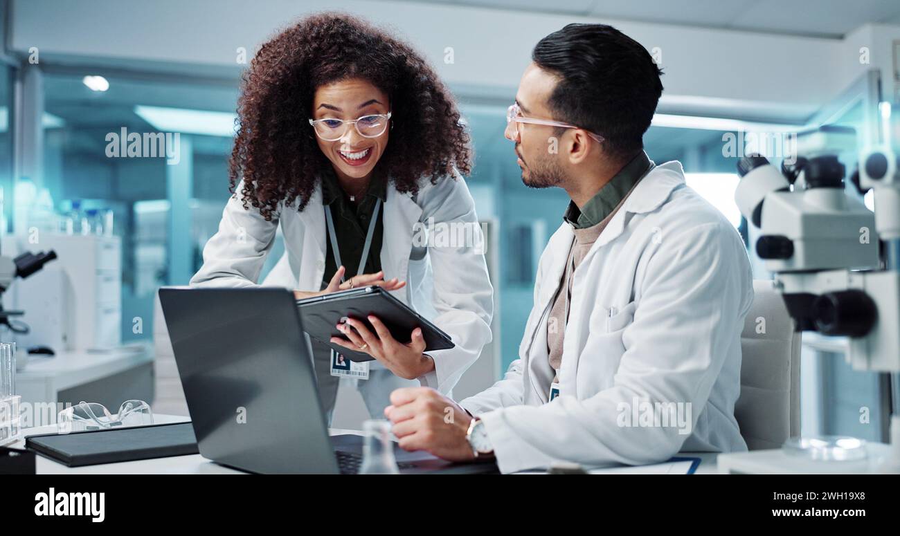 Science, teamwork and scientist with tablet in laboratory for ...