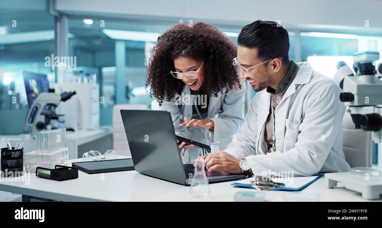 Science, teamwork and scientist with tablet in laboratory for ...
