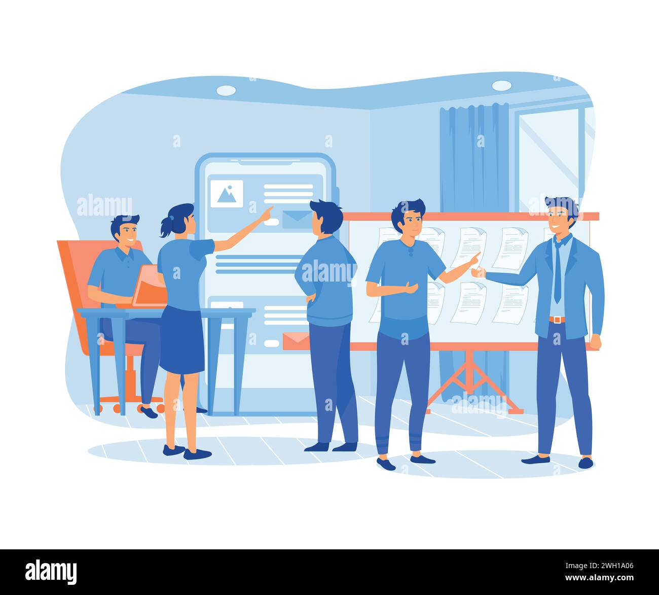 Mobile application development and design process concept with business team working. flat ...