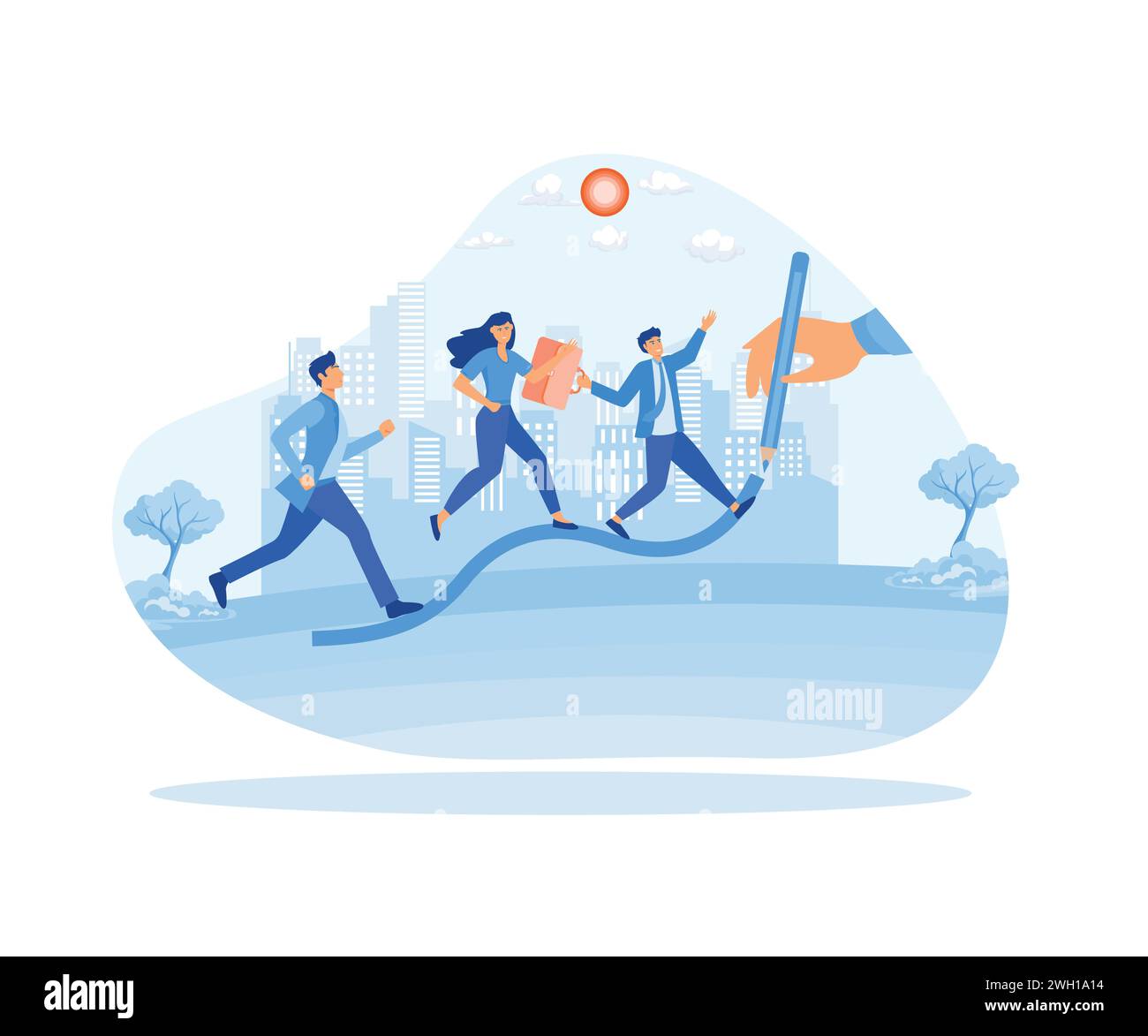 Business people walking on rising graph line. Big hand drawn growth ...