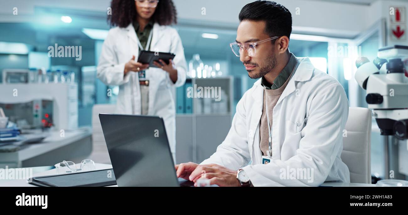 Science, teamwork and scientist with tablet in laboratory for ...