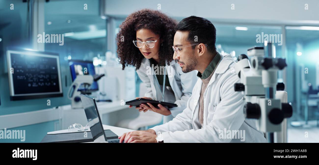 Science, teamwork and scientist with tablet in laboratory for ...