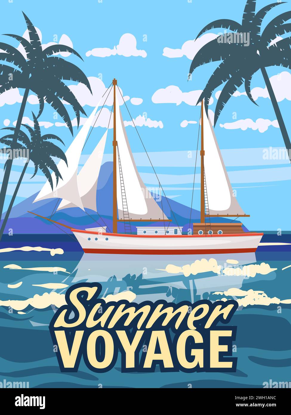 Summer Voyage Sailboat poster retro, sailing ship on the ocean, sea ...