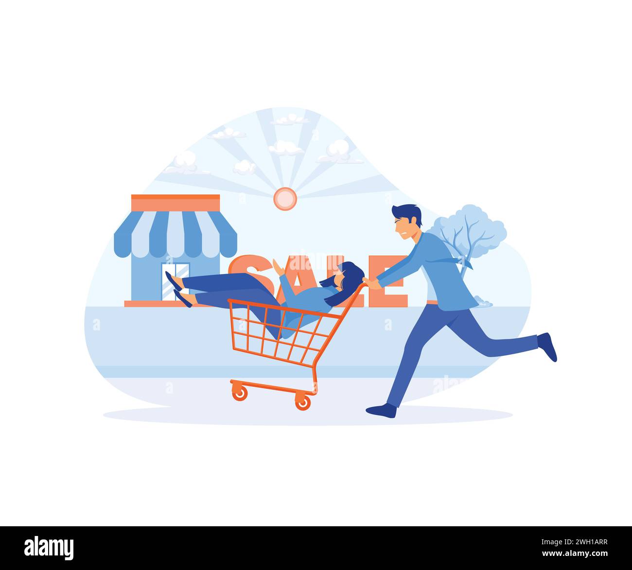 Man push shopping cart with woman. Big sale shopping. flat vector ...