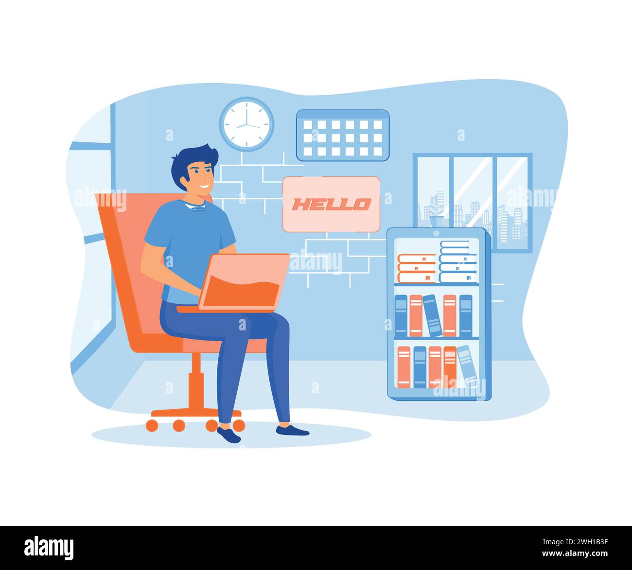 A freelancer works behind a laptop. Home office workplace. flat vector ...