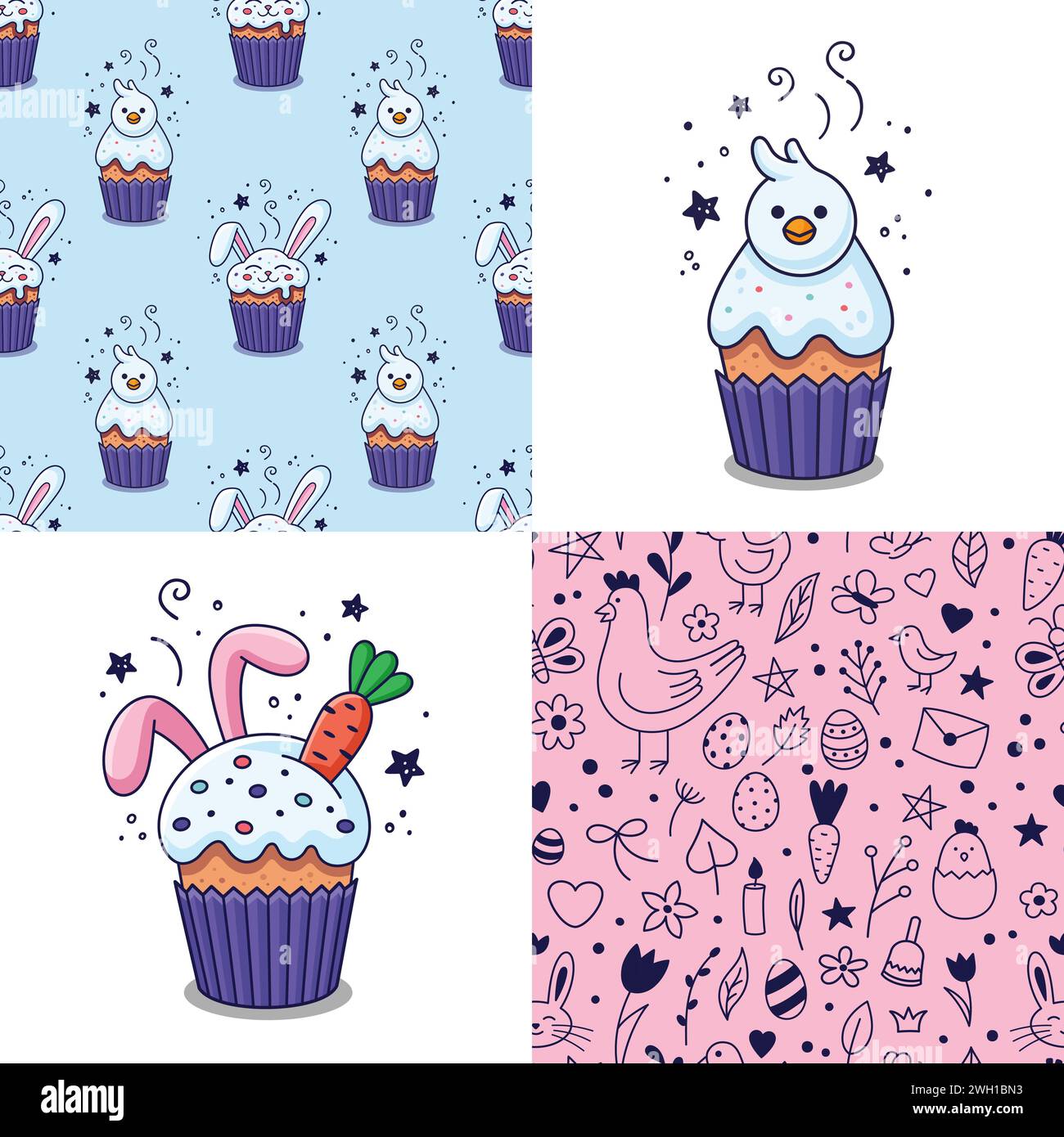 Set of Cute Hand drawn Easter patterns, illustrations with Easter cake, rabbits ears, carrot ...