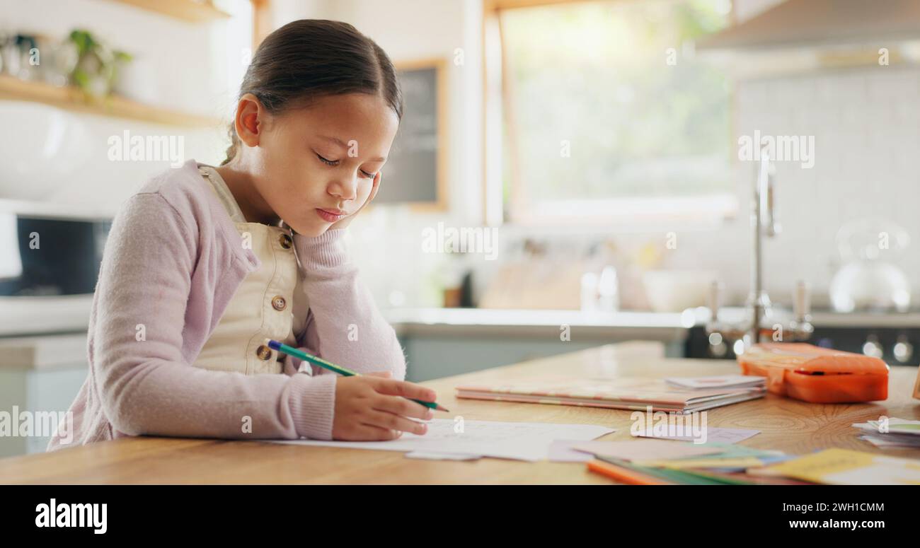 Tired, yawn and child with homework in kitchen, bored and doing project ...