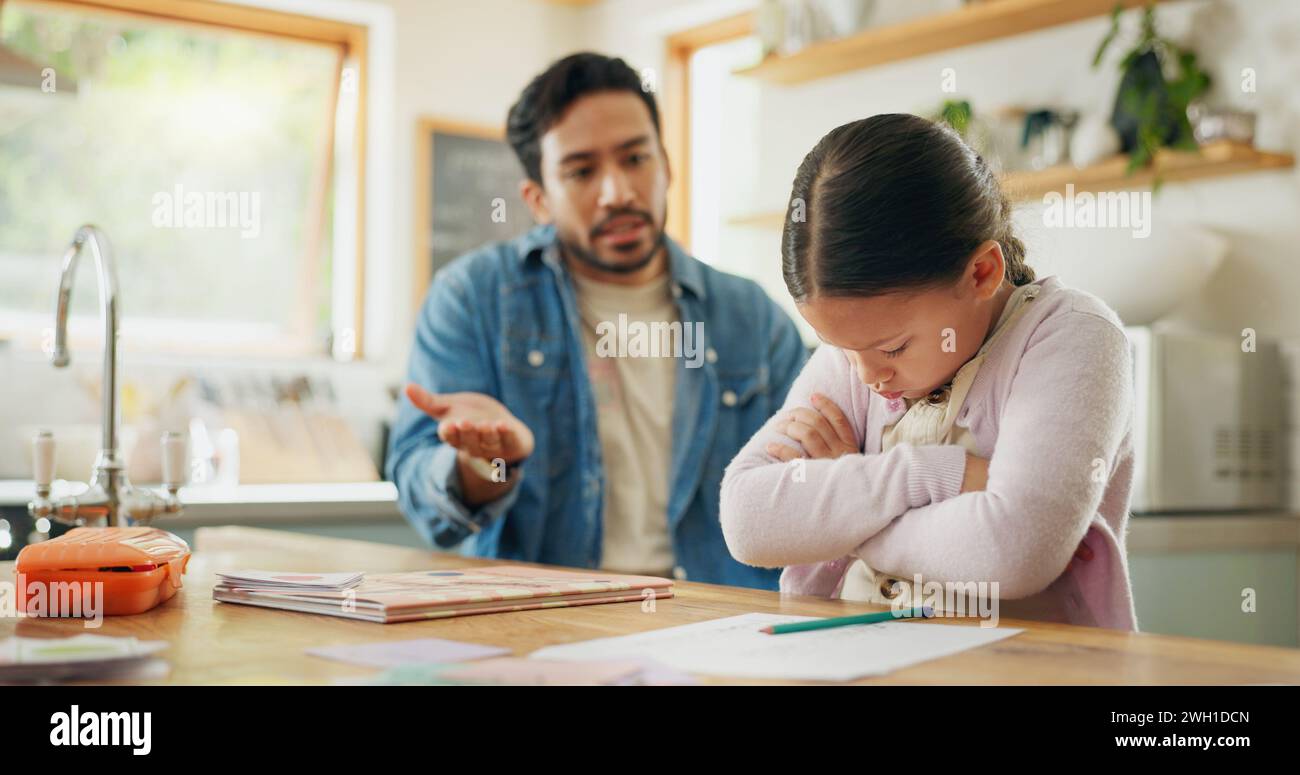 Angry dad with crying child, homework and scolding in kitchen, helping ...