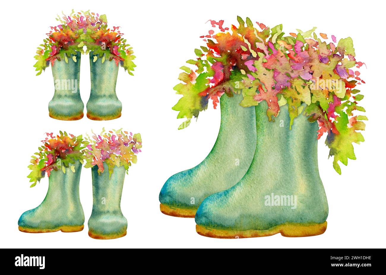 Hand drawn watercolor illustration spring gardening shoes, green rubber ...