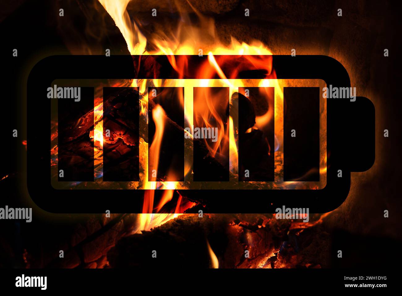 Battery fire, illustration of Li-Ion battery in front of burning ...