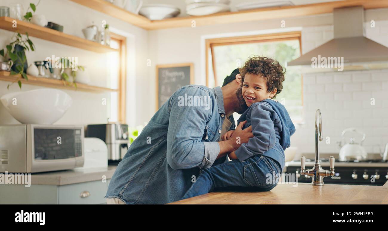 High five, dad and kid playing in the kitchen or happy moment, memory ...