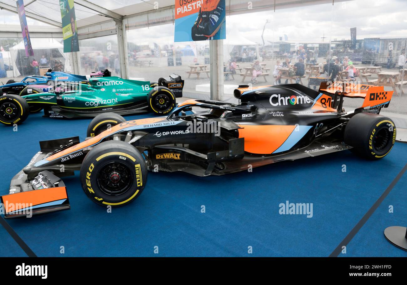 Side-view of Lando Norris and Oscar Piastri's 2023, McLaren MCL60 Formula One Car, on display at ...