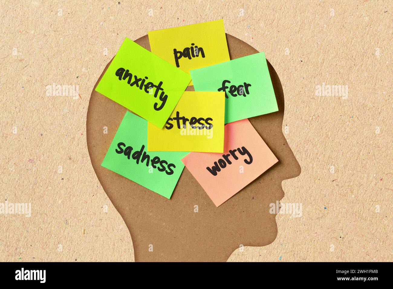 Profile silhouette of man and sticky notes with the words Anxiety ...