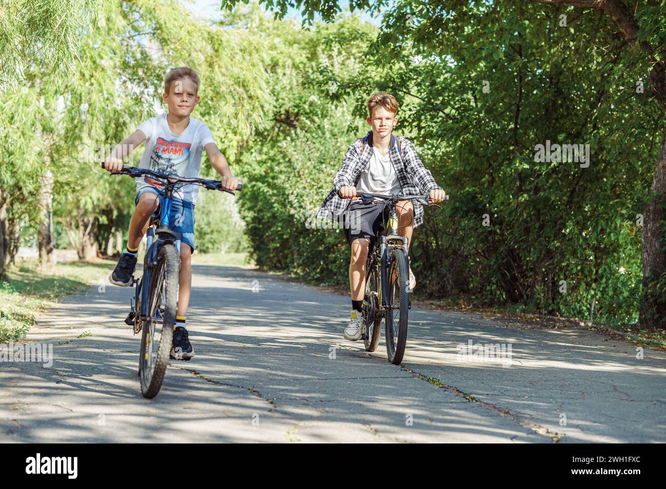 Two joyful boys riding bicycles on bicycle lane in park with lush ...