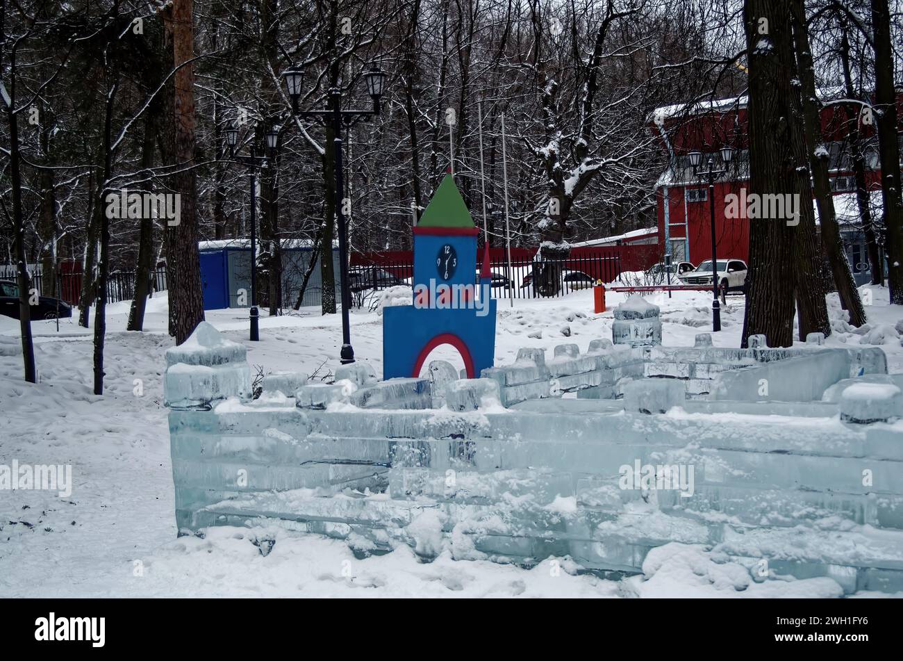 Figures and buildings made of ice in a park, Moscow Stock Photo - Alamy