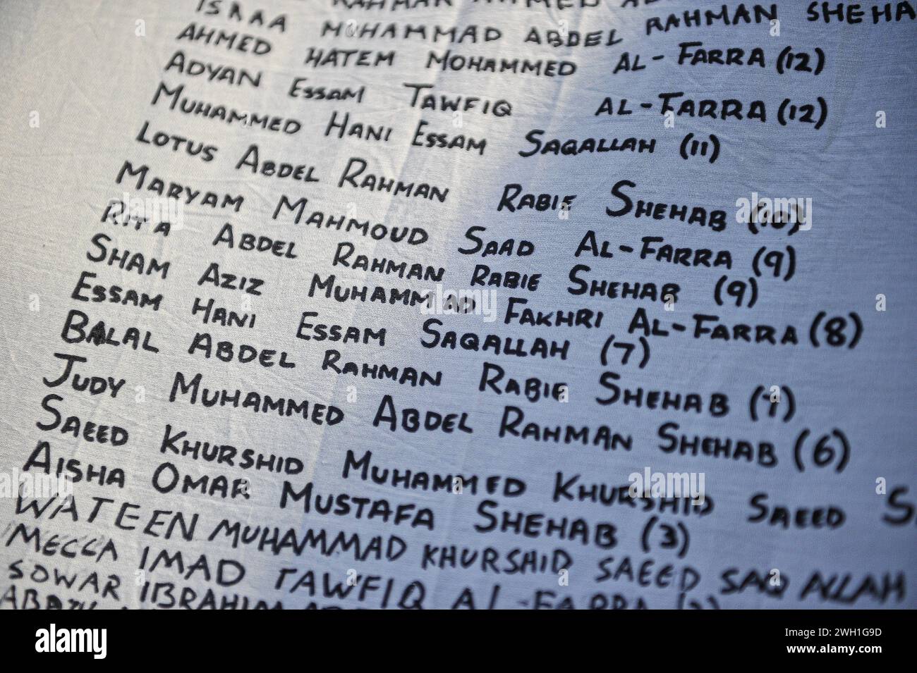 A close up of the list of names of deceased civilians that have been ...