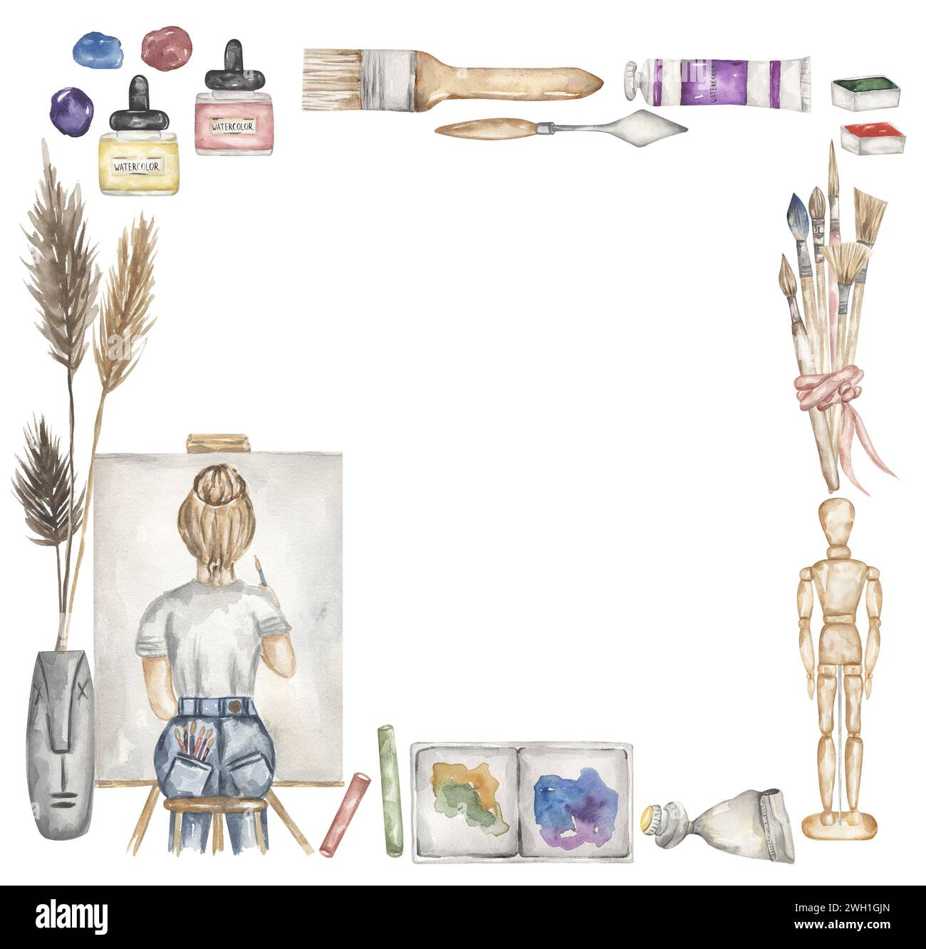 Art tools hand drawn watercolor painting icons border set. Different ...