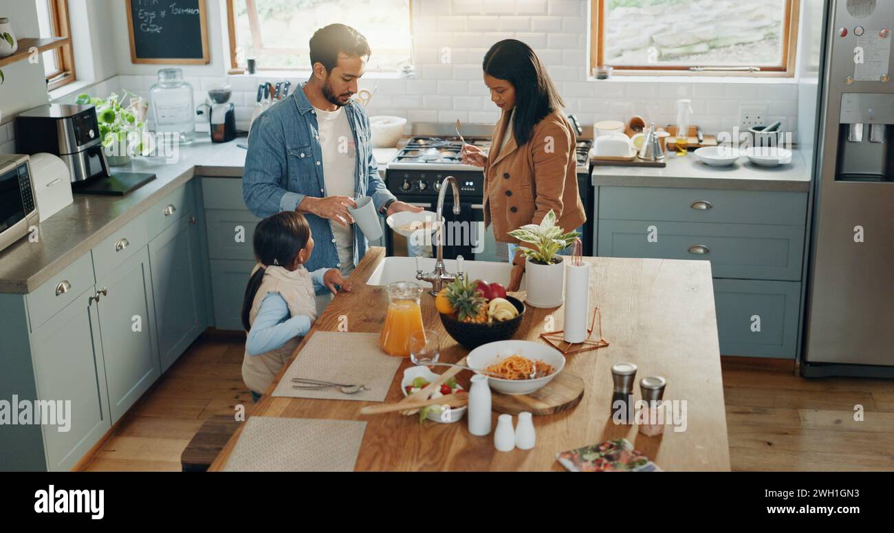 Family cleaning after breakfast, food and nutrition with hygiene ...