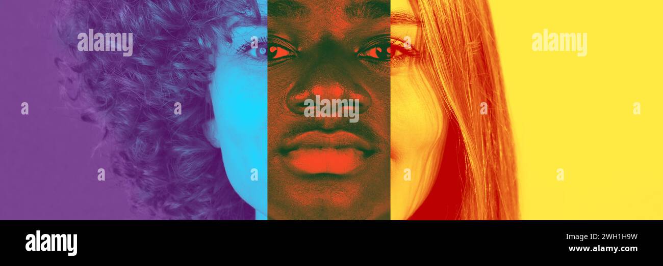 Collage. Cropped faces of young people of different gender and ...