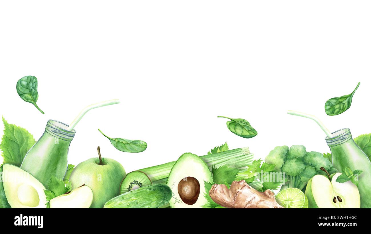 Watercolor horizontal banner, border with fruits, vegetables and green ...