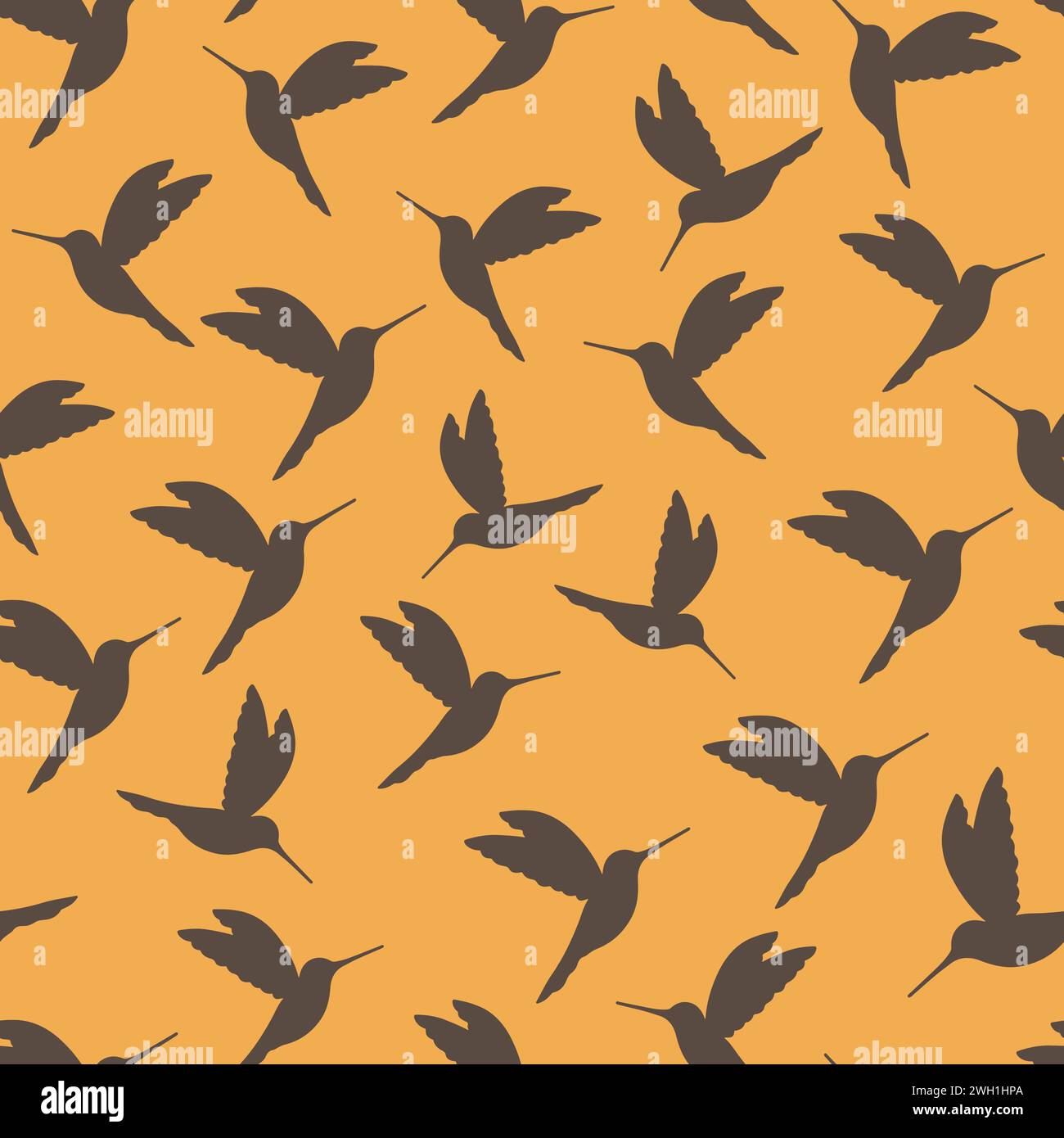 Dark grey hummingbird silhouettes on yellow background. Seamless ...