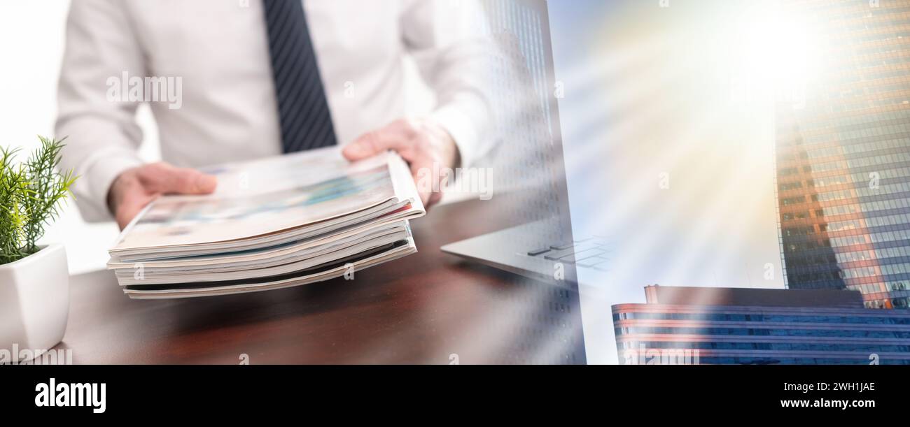 Hands of businessman holding magazines; multiple exposure Stock Photo ...