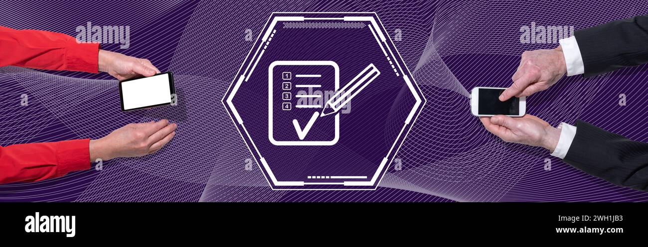 Top view of hands using mobile phone with symbol of action plan concept ...