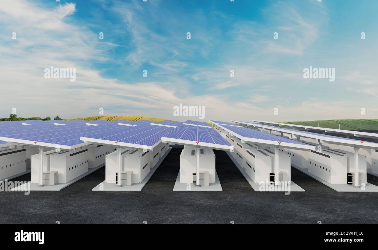 Tesla Megapack site with solar canopy Stock Photo - Alamy