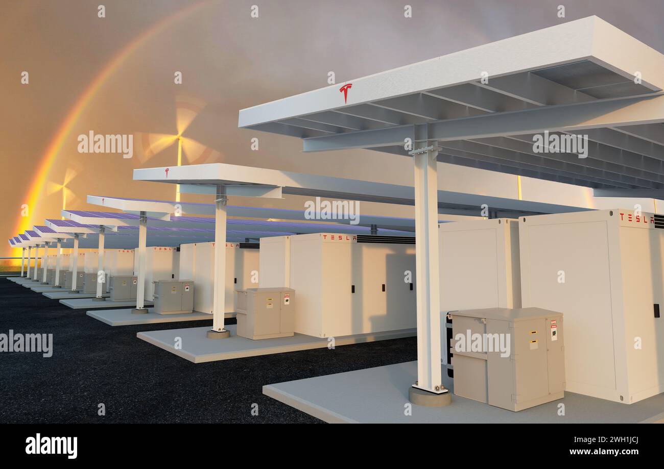 Tesla Megapack site with solar canopy Stock Photo - Alamy